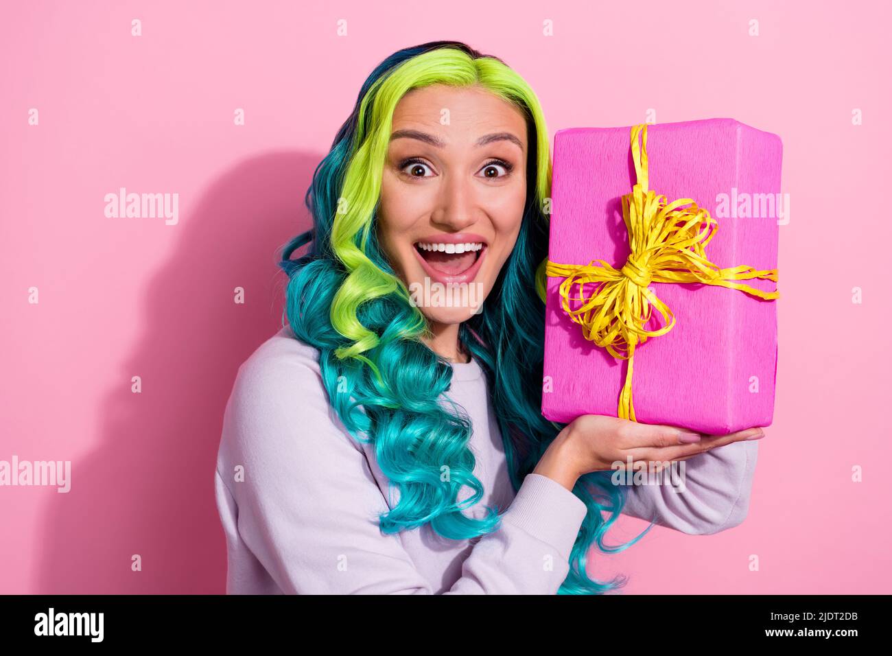 Portrait of overjoyed good mood lady receive present on her birthday ...
