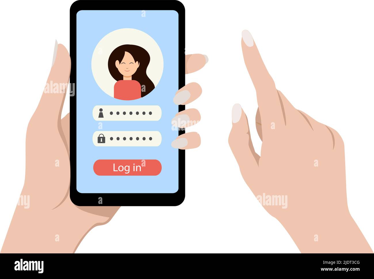 Vector smartphone in female hands with a page of login to the personal ...