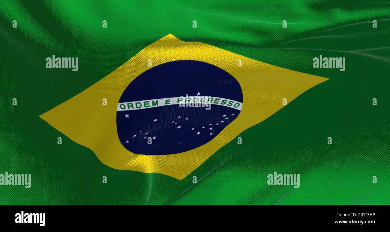 Close up of the national flag of Brazil on a waving flag. Curves and ...