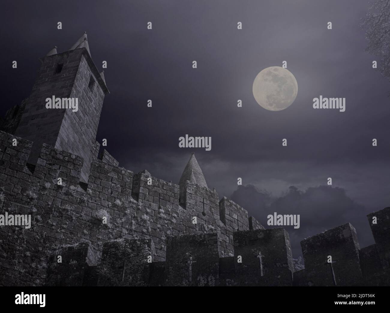 Old european medieval castle in a cloudy full moon night Stock Photo ...