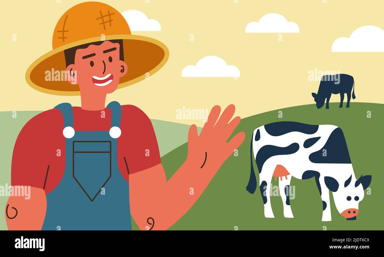 Farmer man and cow farm countryside landscape. Dairy and milk with ...