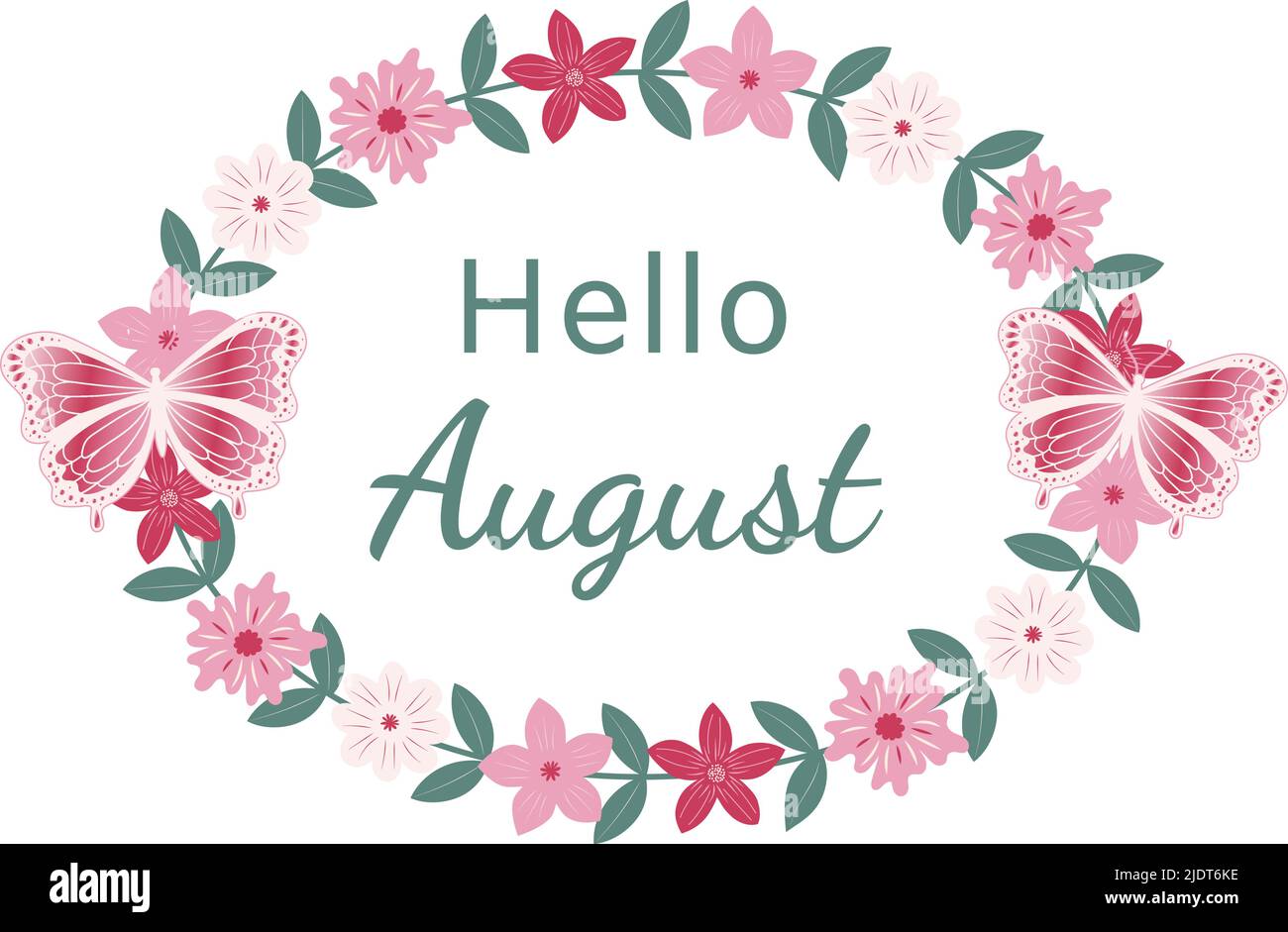 Hello August greeting card with floral ornament and butterfly Stock ...