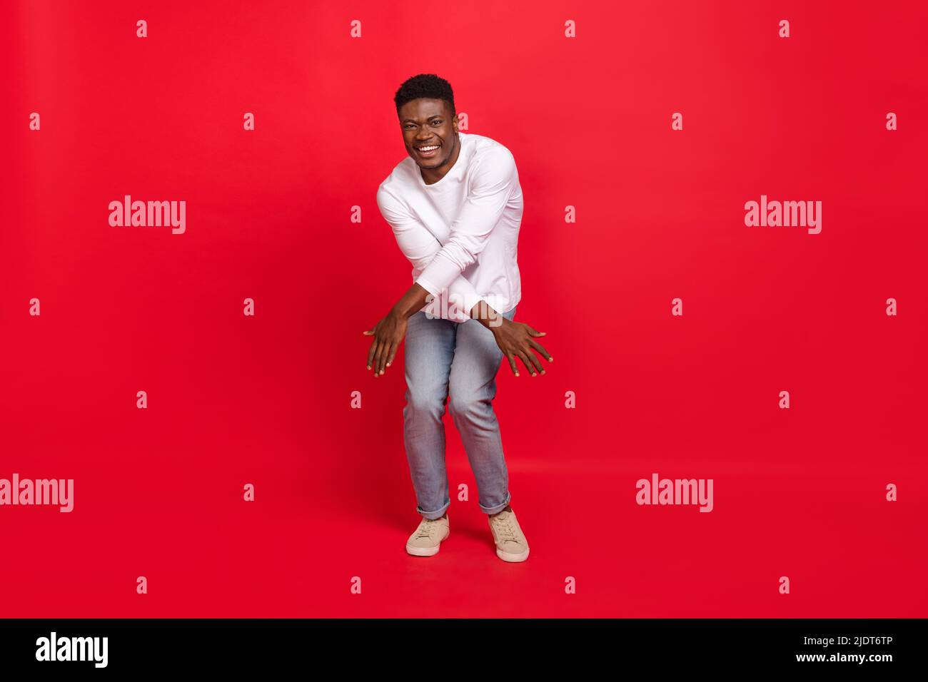 Full size photo of cheerful funny laughing man dancing in nightclub ...