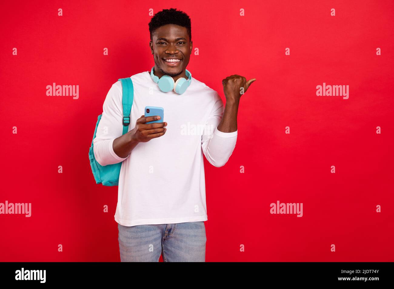 Photo of guy use device point empty space learn lesson supply discount ...