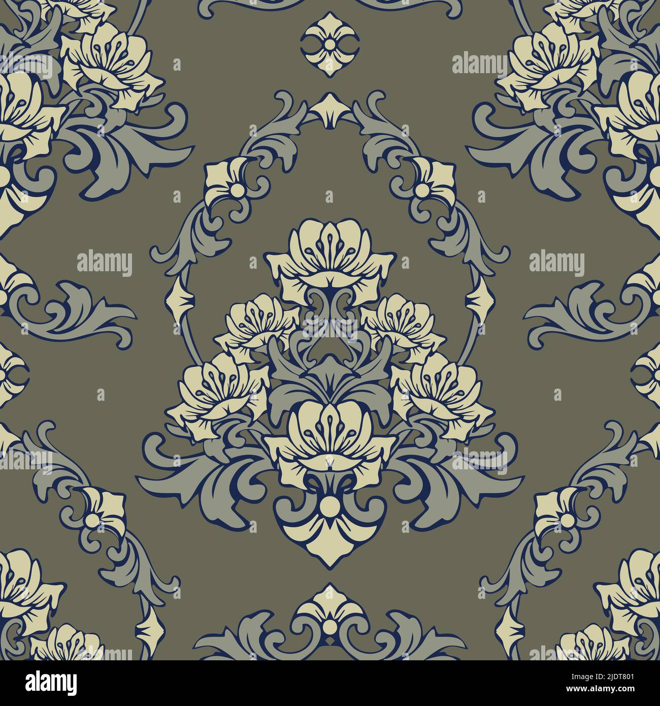 Seamless vector pattern with lotus flower on grey background. Rococo ...