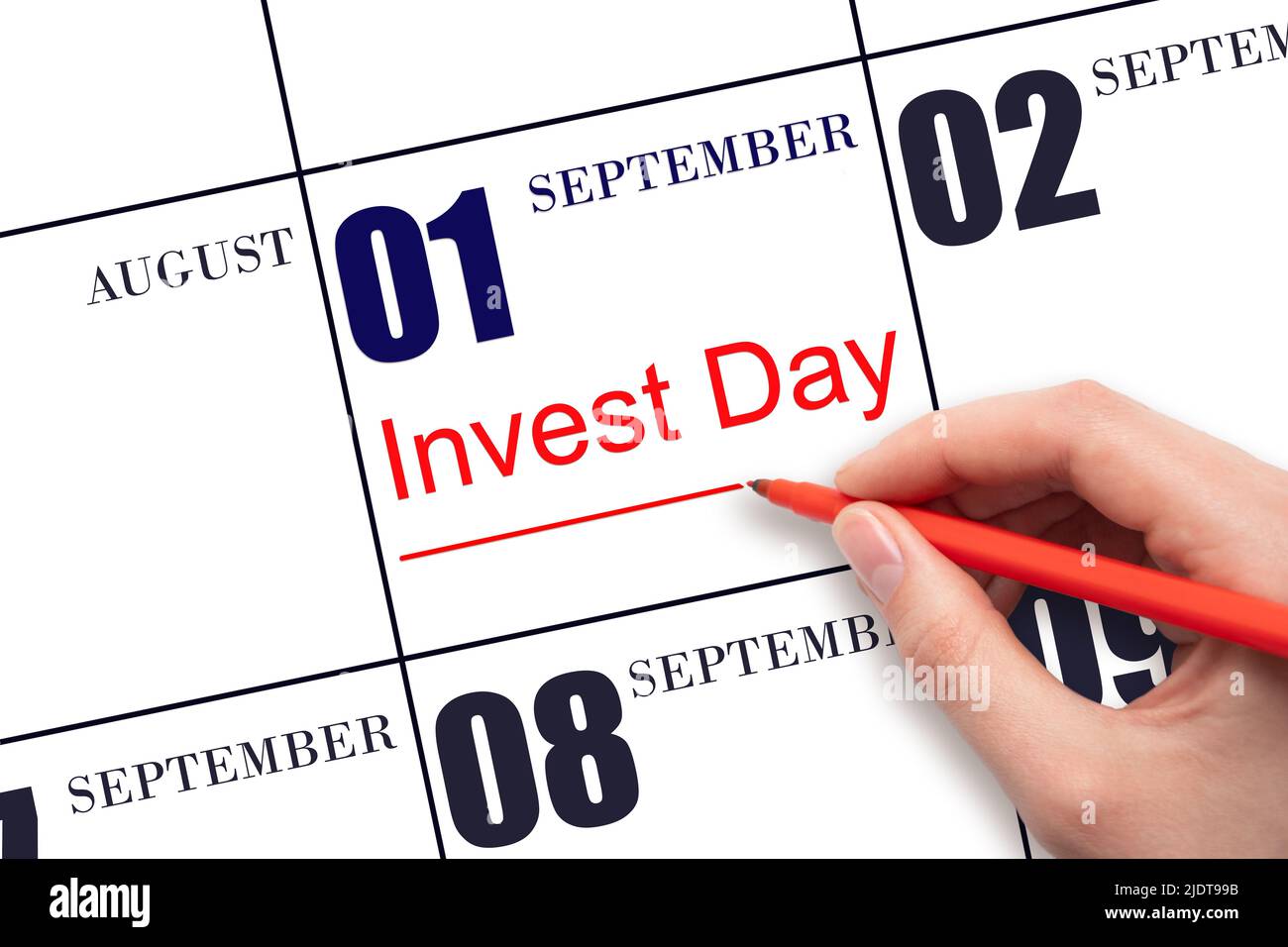1st day of September. Hand drawing red line and writing the text Invest ...