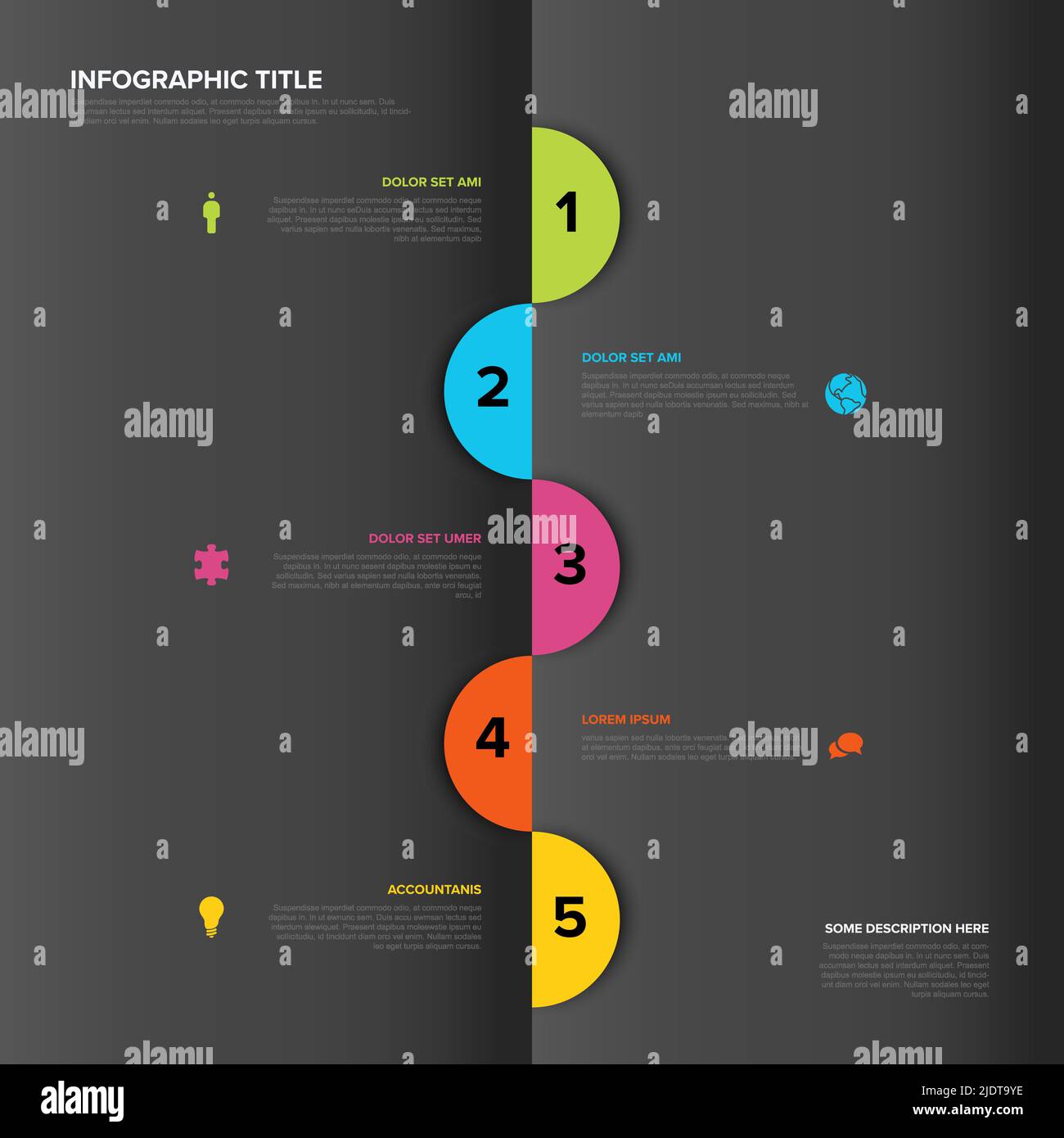 Vector dark vertical process progress template diagram schema with five ...