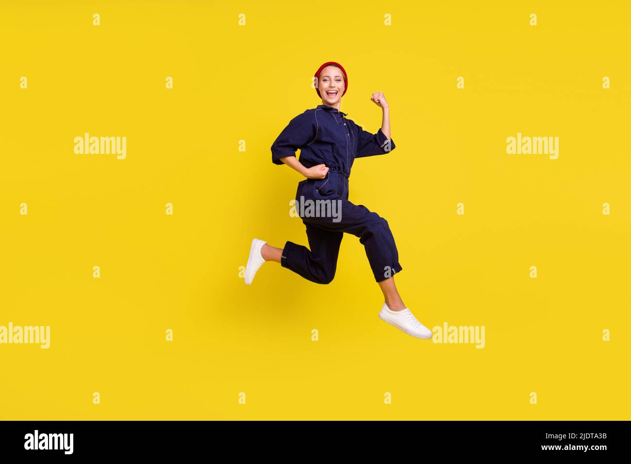 Full size photo of young beautiful smiling woman running fast speed in ...