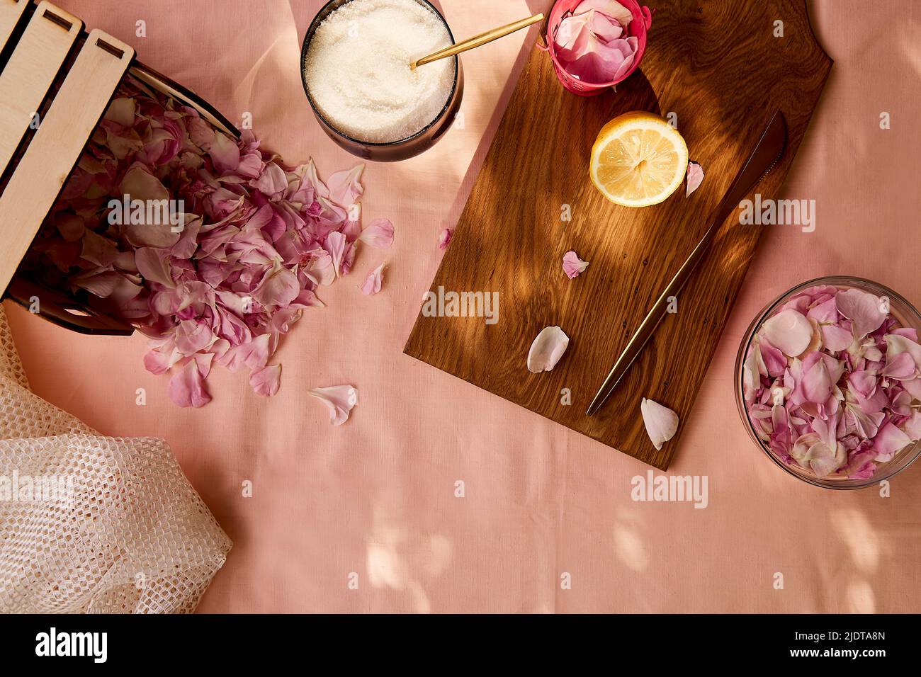 Aesthetic homemade organic rustic jam preparing with sugar, lemon and ...