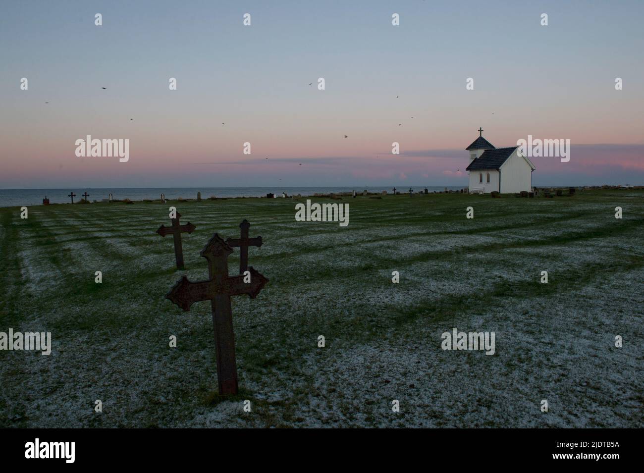 Varhaug old graveyard and chapel located at the brink of the North Sea ...