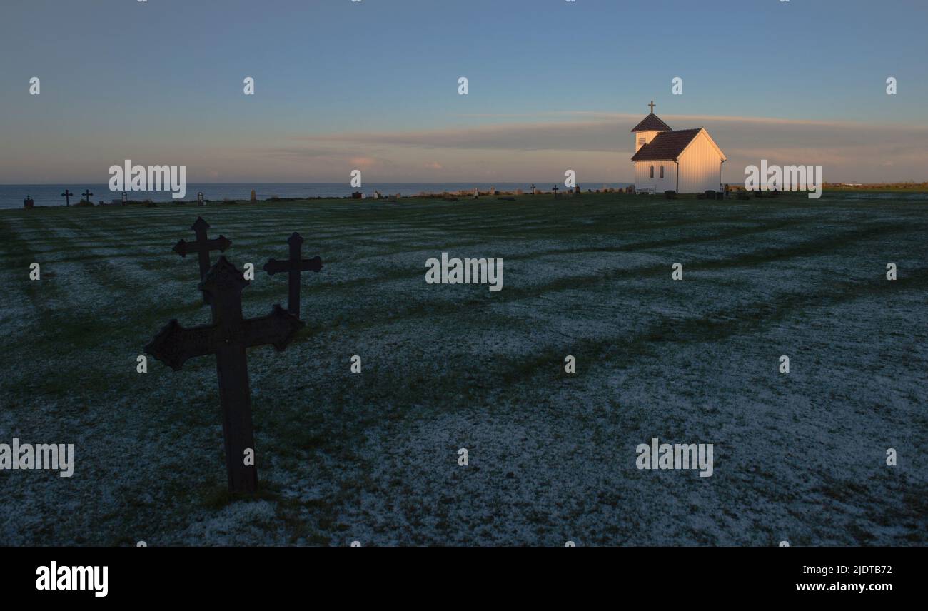 Varhaug old graveyard and chapel located at the brink of the North Sea ...