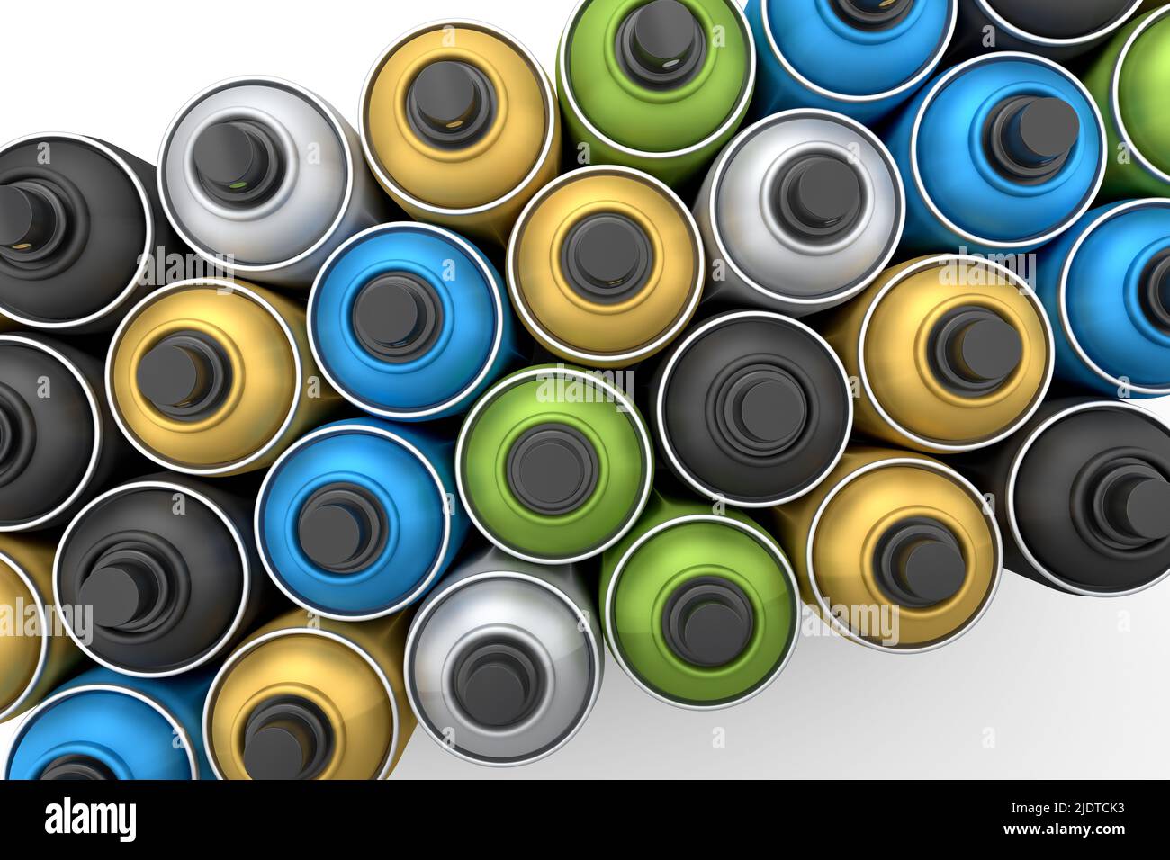 Set of colorful spray paint cans in row on white background. 3d render ...