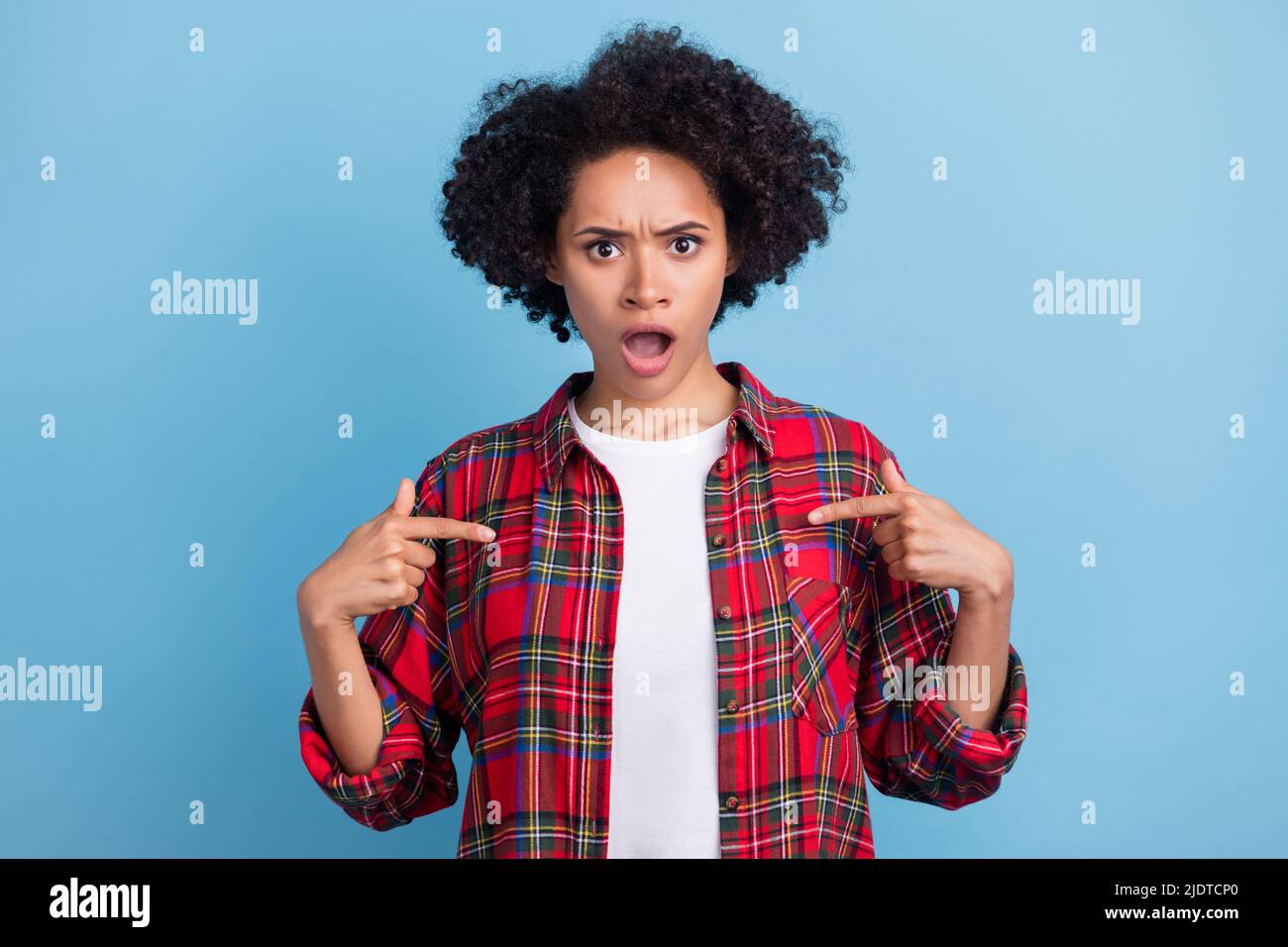 Photo of young afro girl amazed shocked surprised point fingers herself ...