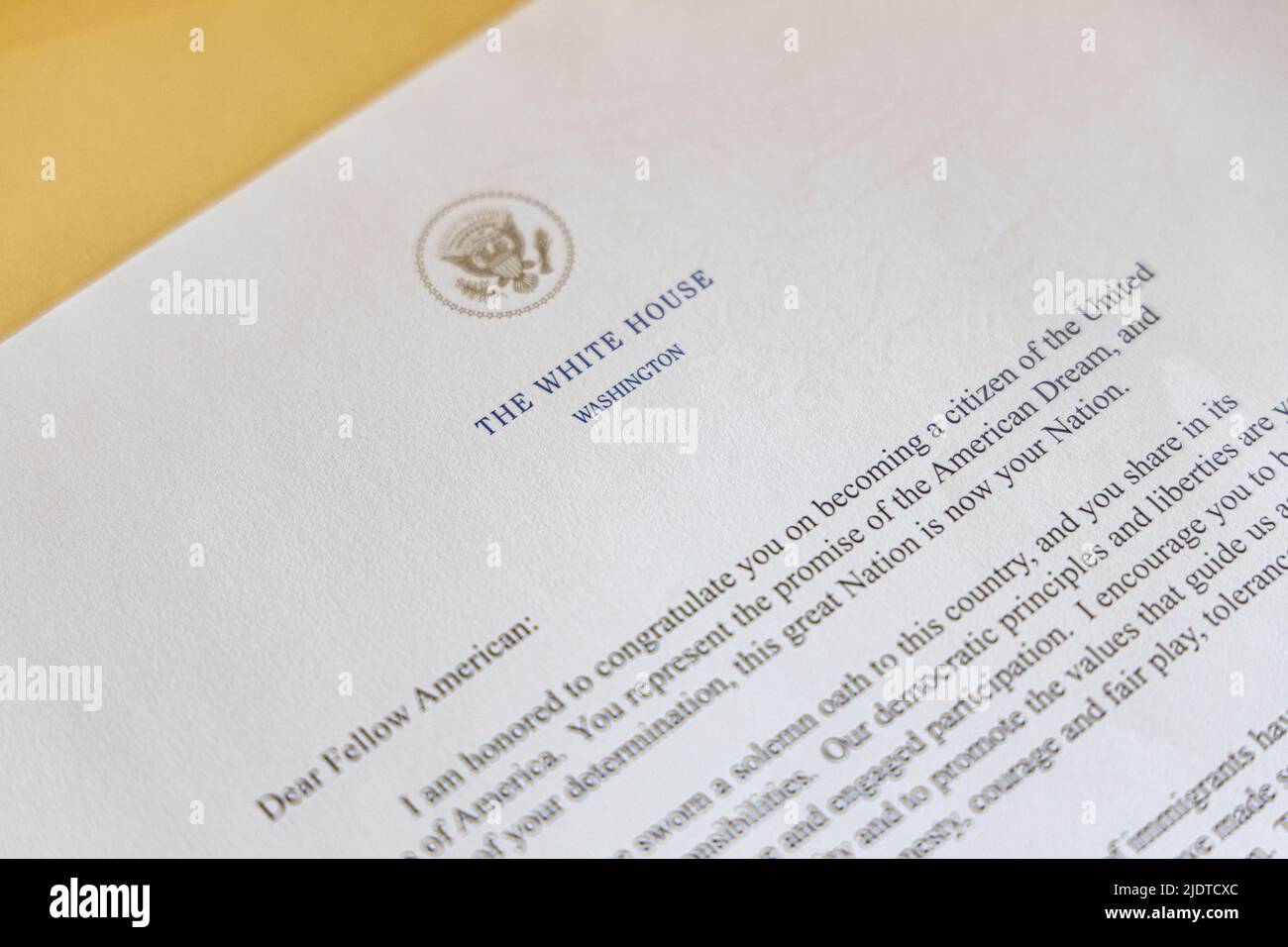 US citizenship welcome letter from President Stock Photo - Alamy