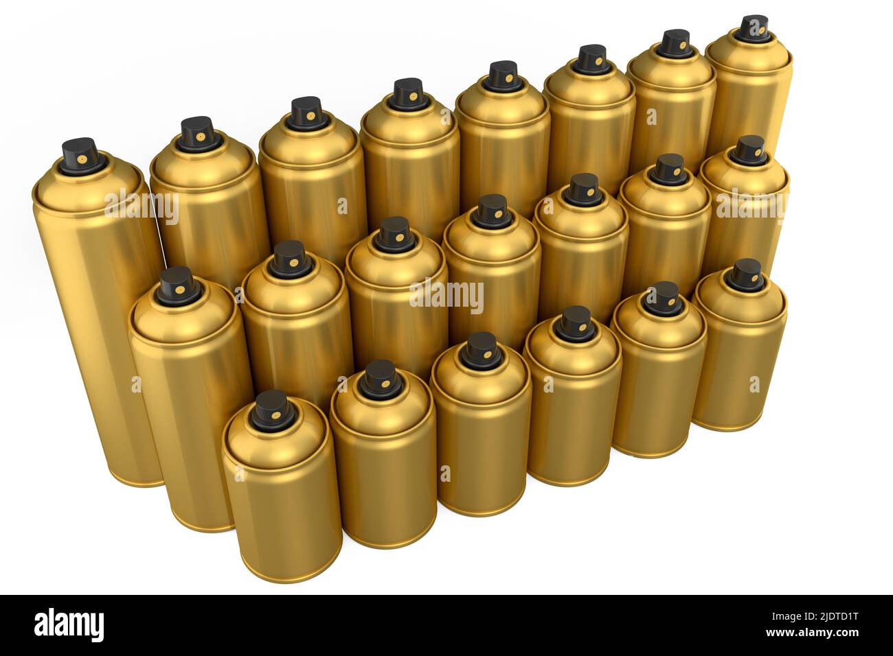 Set of gold spray paint cans in row on white background. 3d render ...
