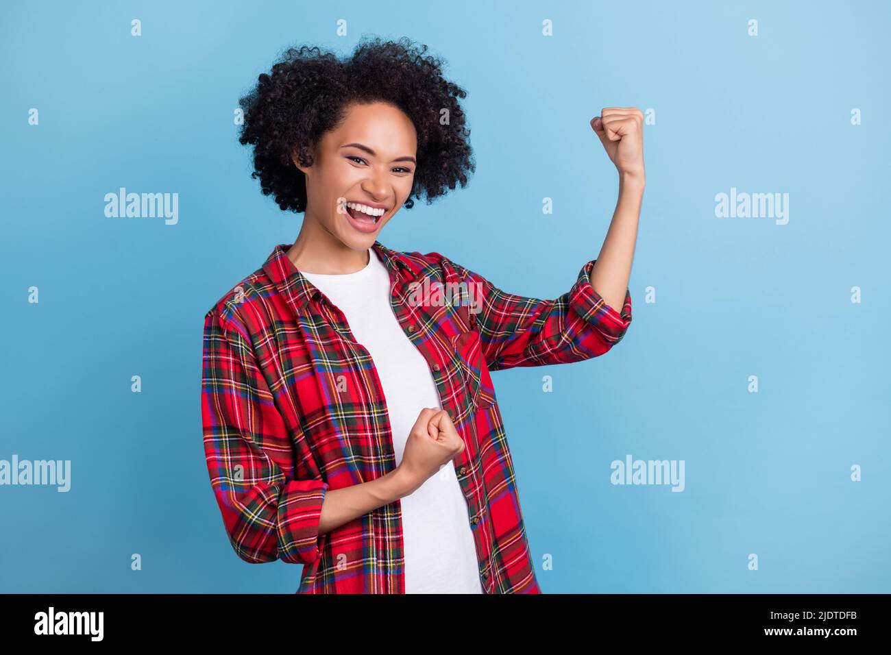 Photo of young african girl happy positive smile rejoice victory ...