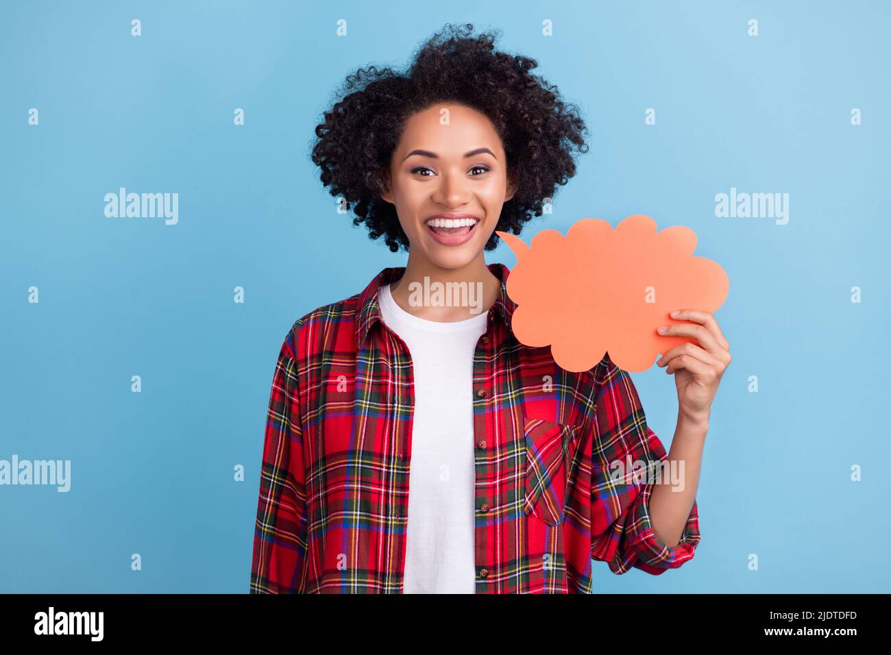 Photo of young afro girl happy positive smile paper card speech talk ...