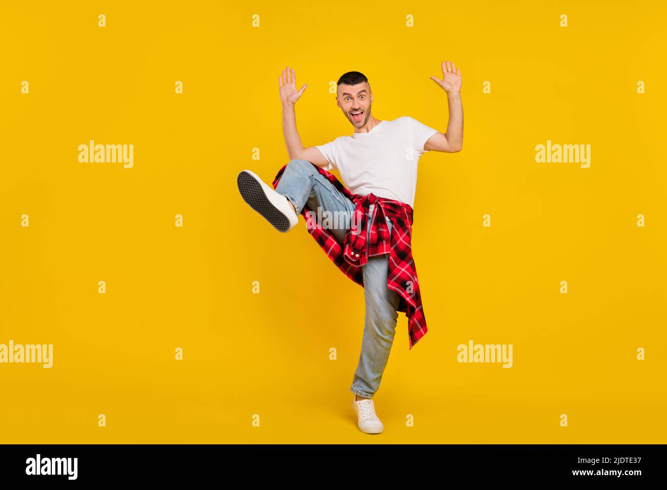 Full length body size photo man in casual clothes fooling overjoyed ...