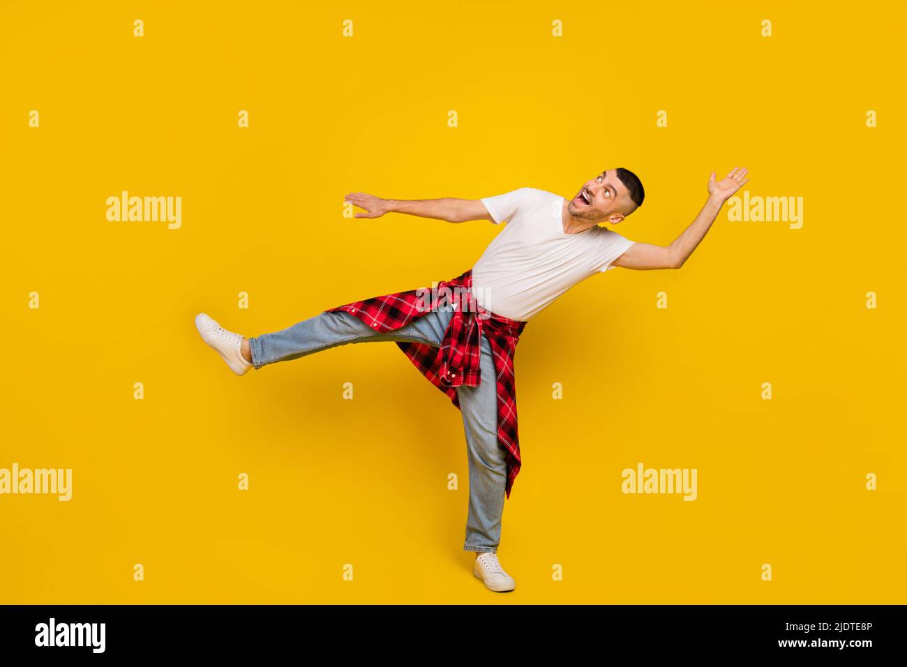 Full length body size photo man dancing fooling smiling isolated ...