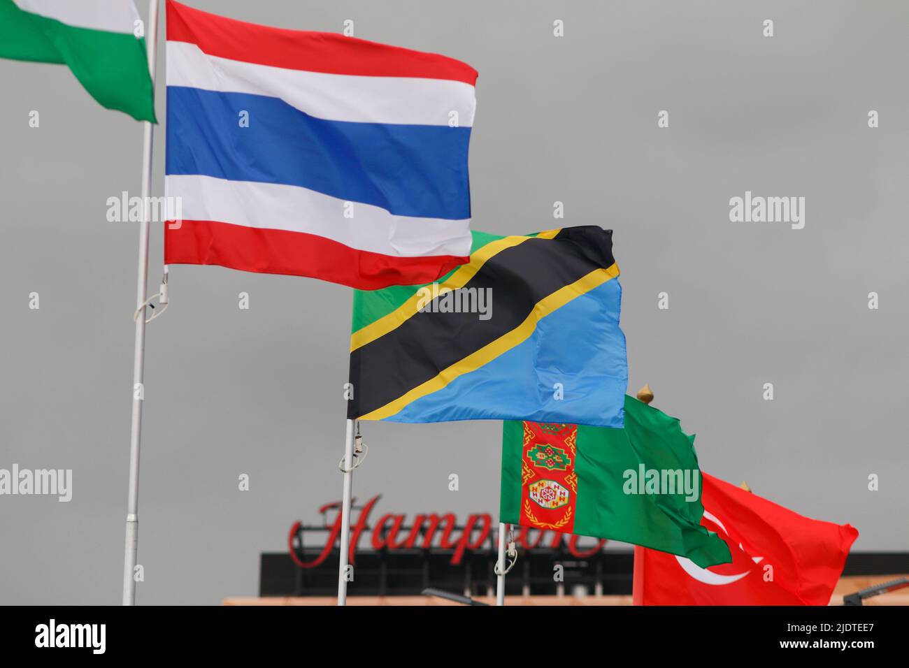 The flag of Thailand (L), Tanzania (2L), Turkmenistan (3L) seen in the ...