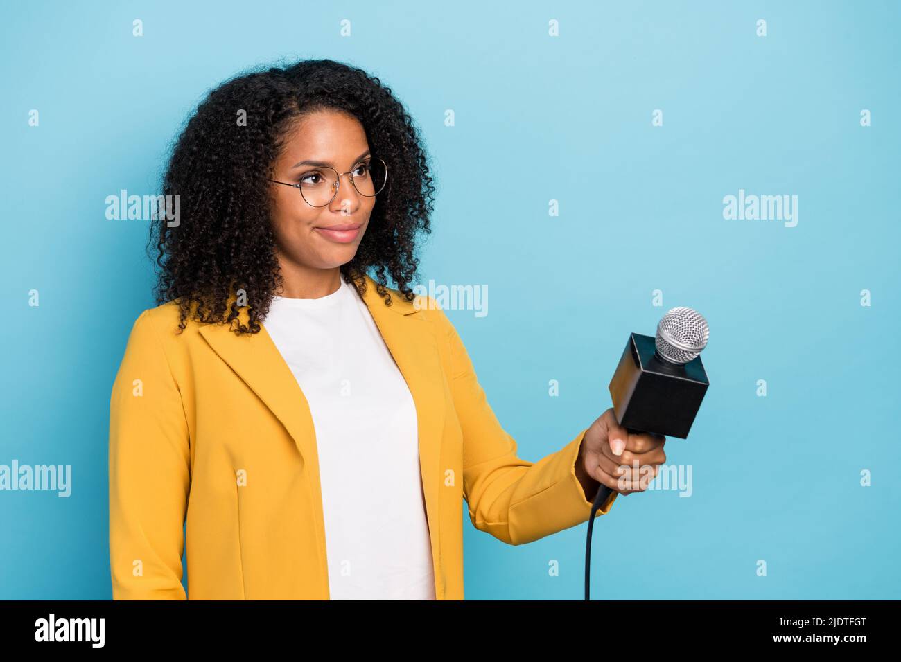 Profile side photo of young black woman mass media news journalism hold ...