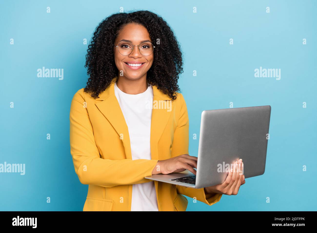 Photo of young black business woman happy positive smile chat email ...