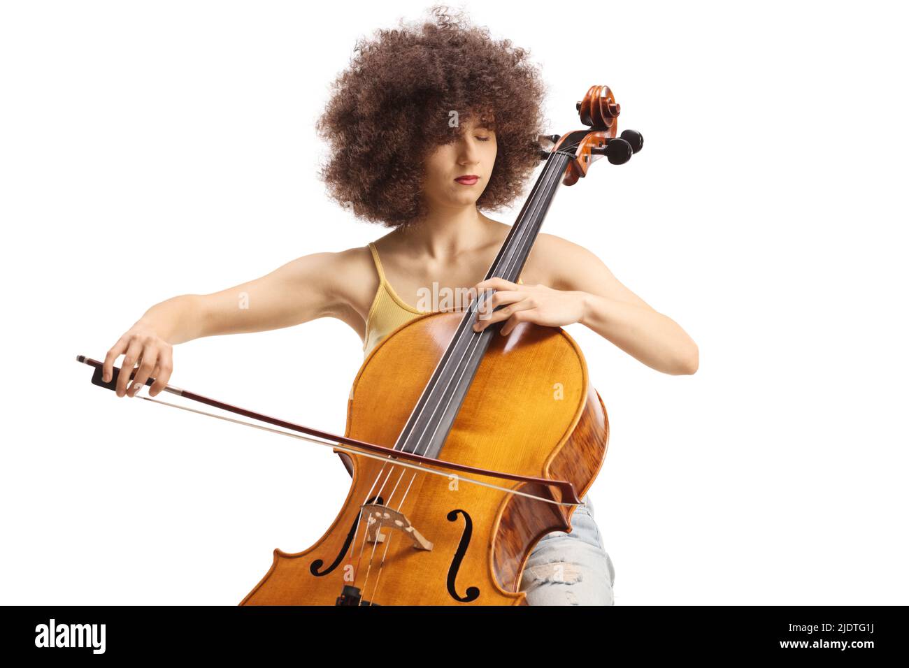 Casual young woman playing a cello isolated on white background Stock ...