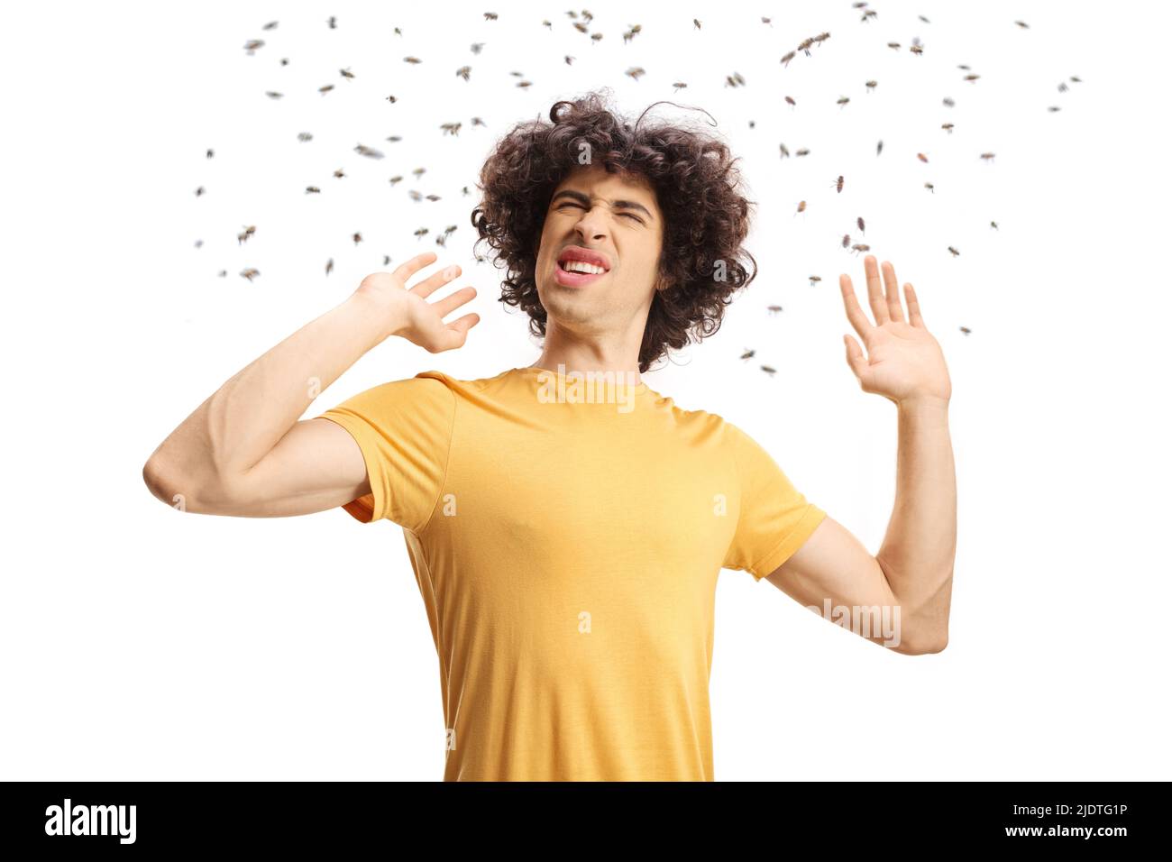 Angry young man surrounded by a swarm of bees isolated on white ...