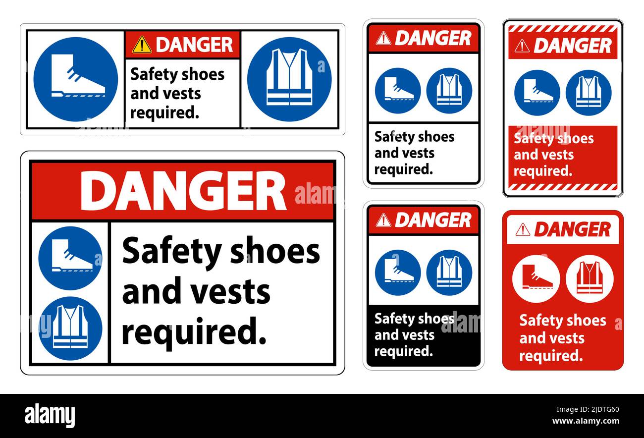 Danger Sign Safety Shoes And Vest Required With PPE Symbols on white ...
