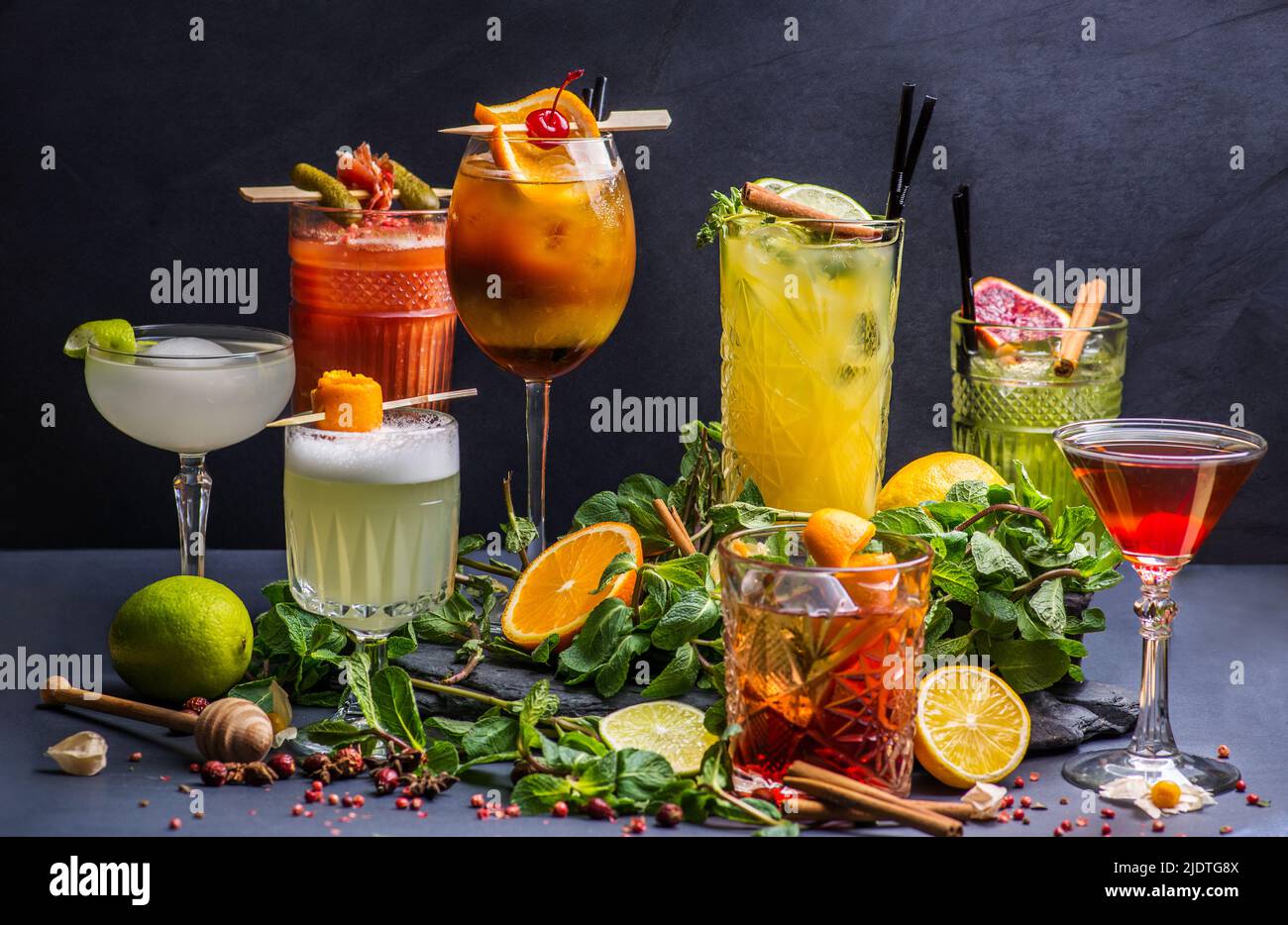 Lots of different cocktails and ingredients. Mixology concept Stock ...