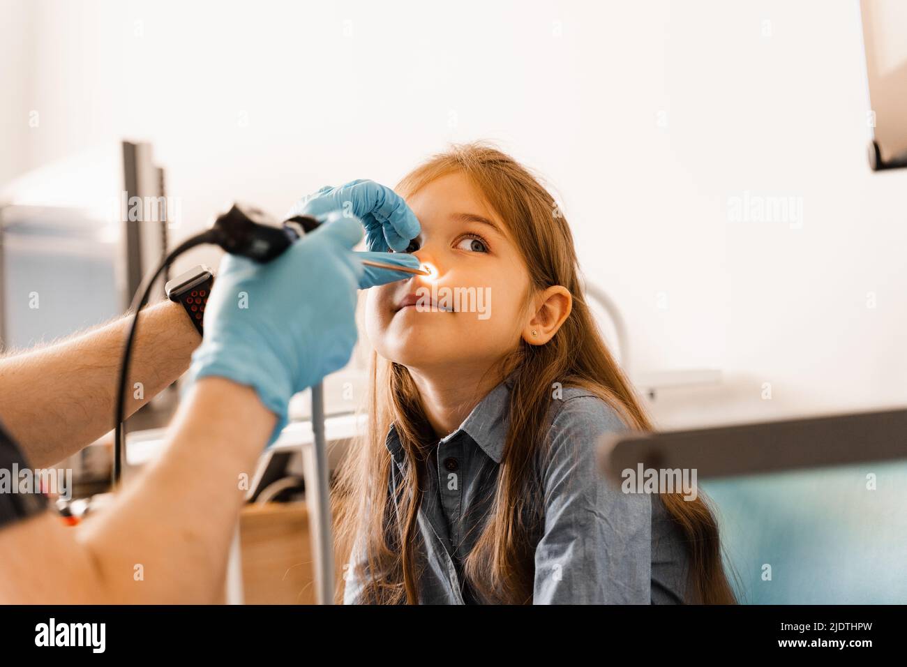 Nose endoscopy of child. Rhinoscopy procedure with rhinoscope. ENT ...