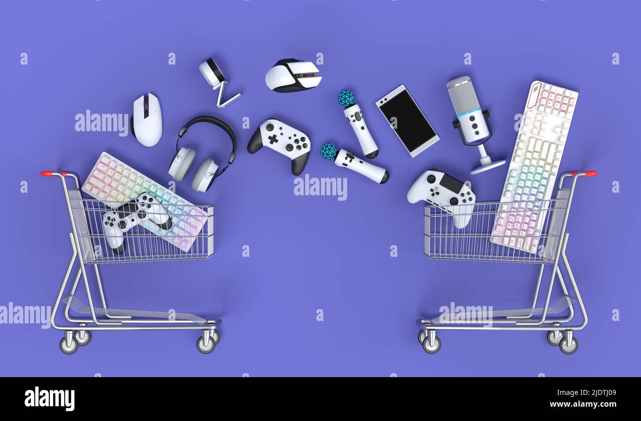 Lying gamer gears like mouse, keyboard, joystick, headset, VR Headset ...