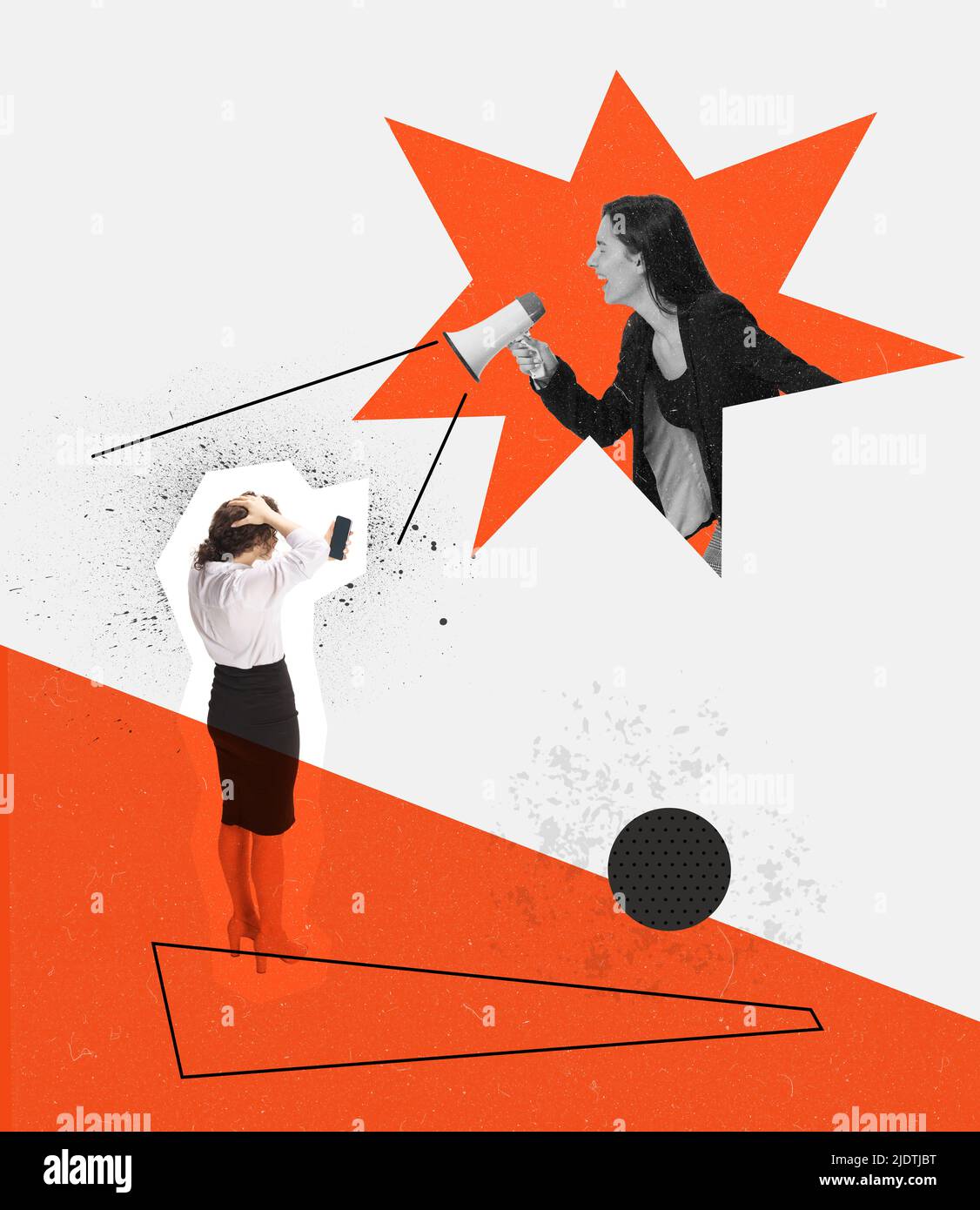 Contemporary art collage. Conceptual image. Office manager shouting at ...
