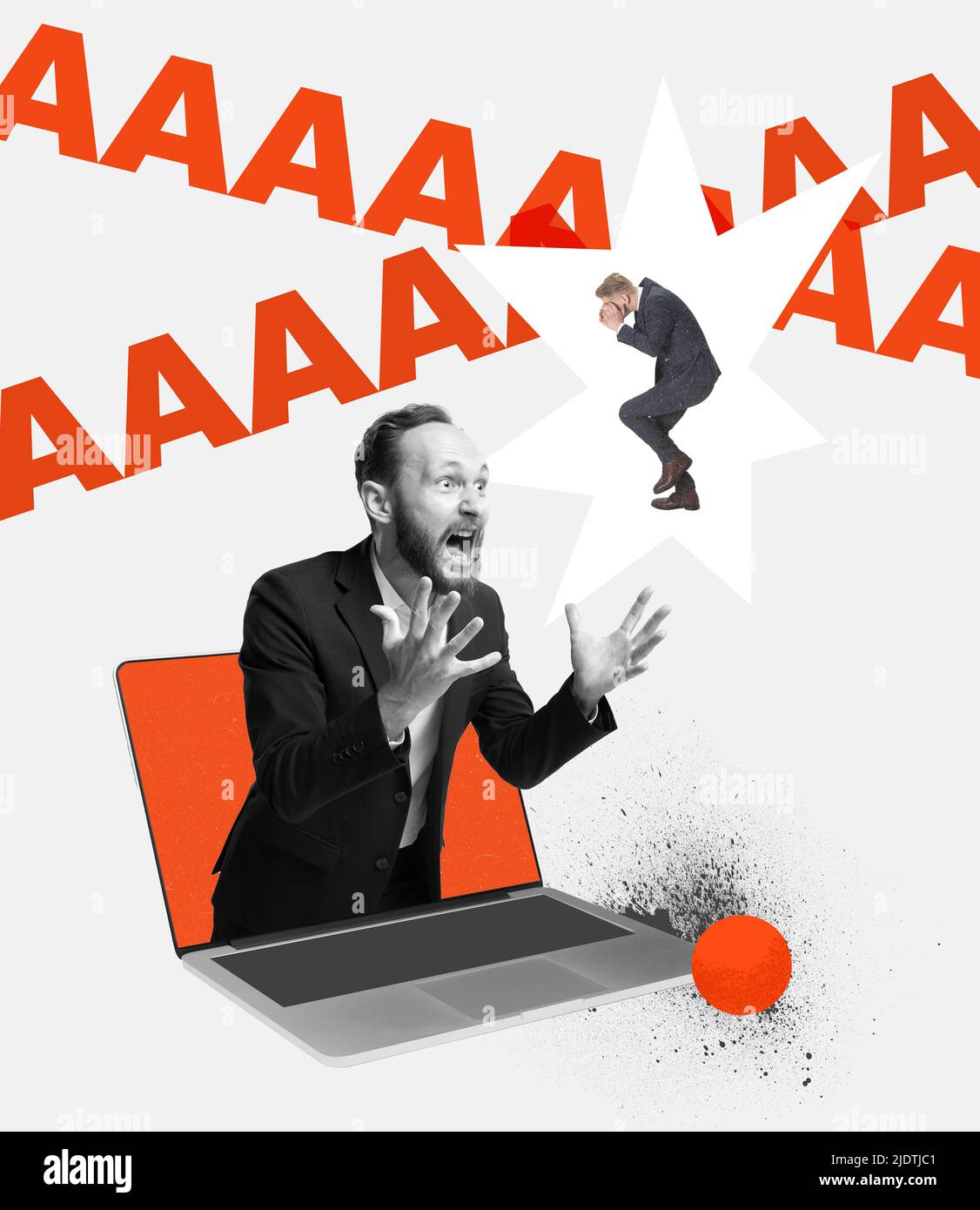 Contemporary art collage. Conceptual image. Angry businessman sticking ...