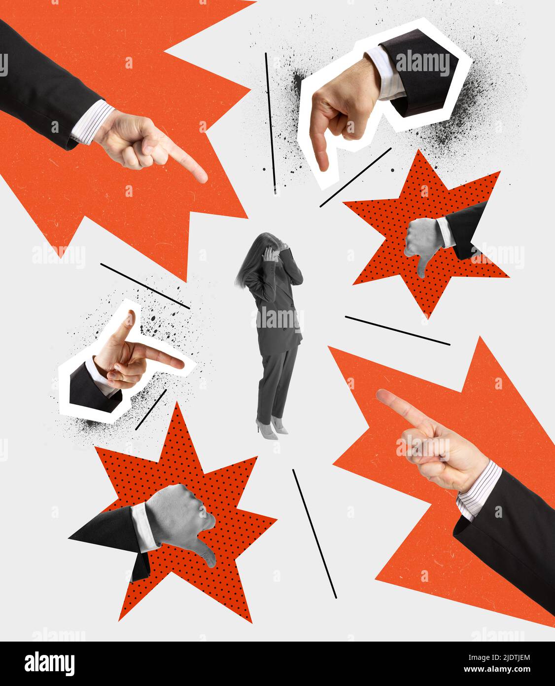 Contemporary art collage. Conceptual image. Many hands showing dislike ...