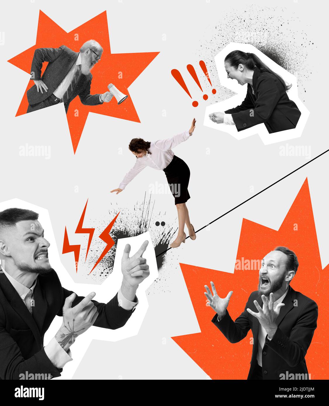 Contemporary art collage. Conceptual image. Employee, woman walking on ...