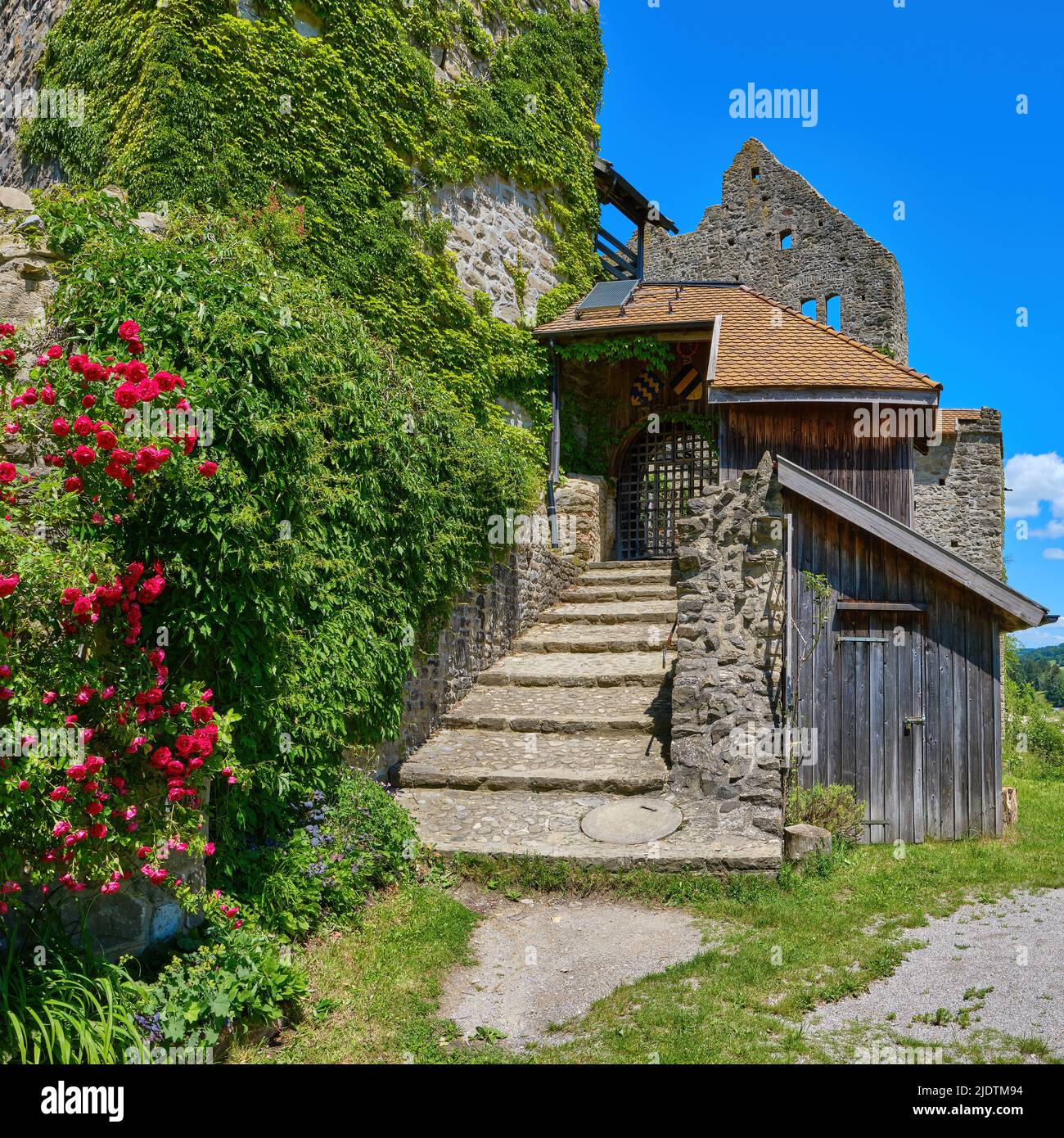 Gate zone of medieval Sulzberg Castle ruins in the Upper Allgaeu region ...