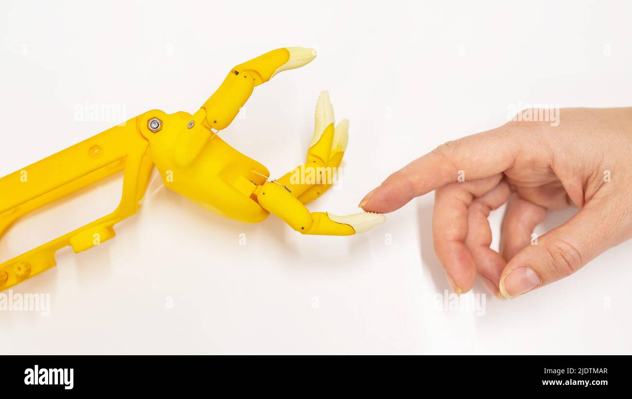 Woman's hand and a plastic hand prosthesis for a child on a white ...