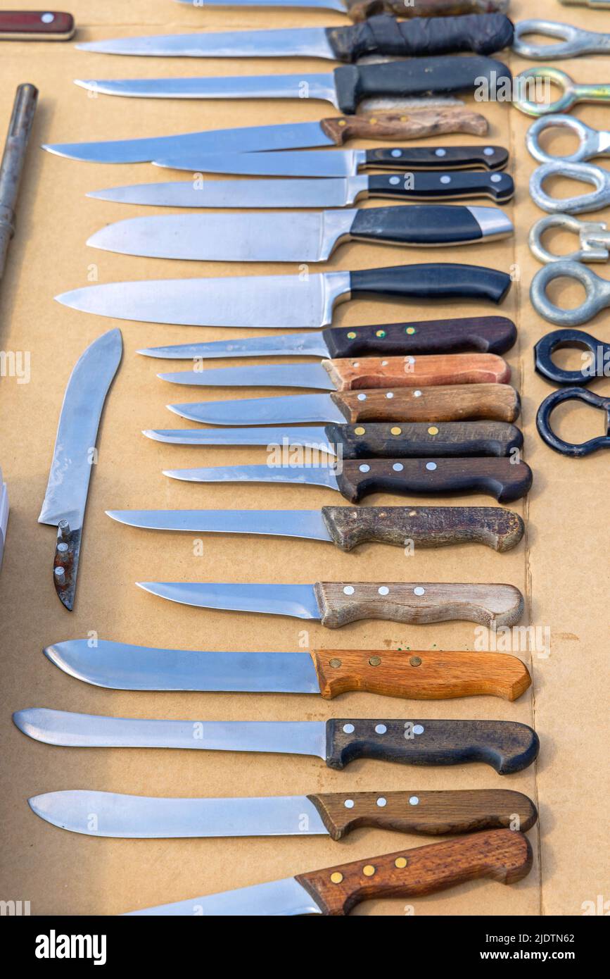 Used Butcher Knife Set Collection With Wooden Handles Stock Photo - Alamy