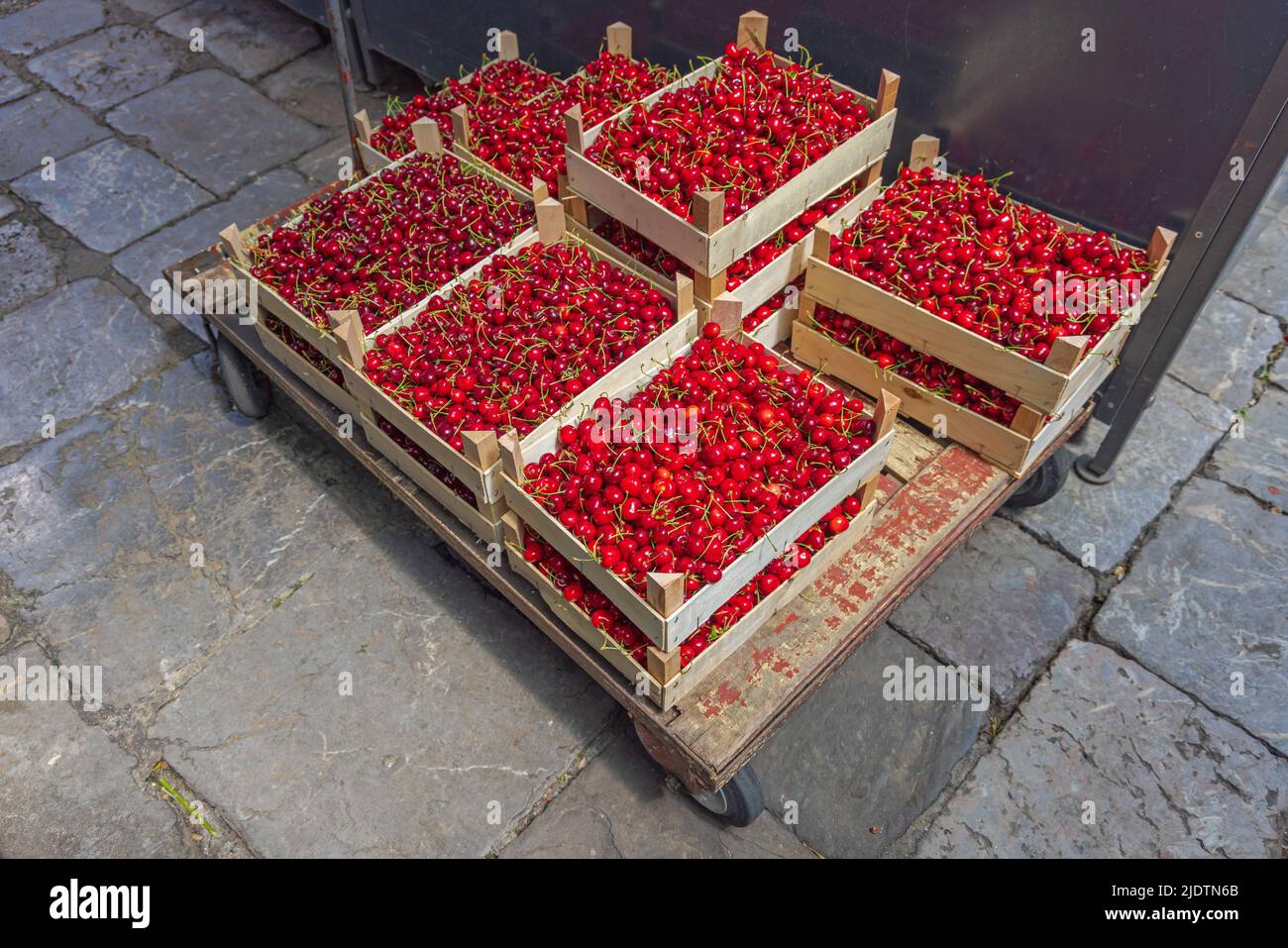 Fresh Sweet Red Cherry Fruits in Carts at Delivery Crate Stock Photo ...