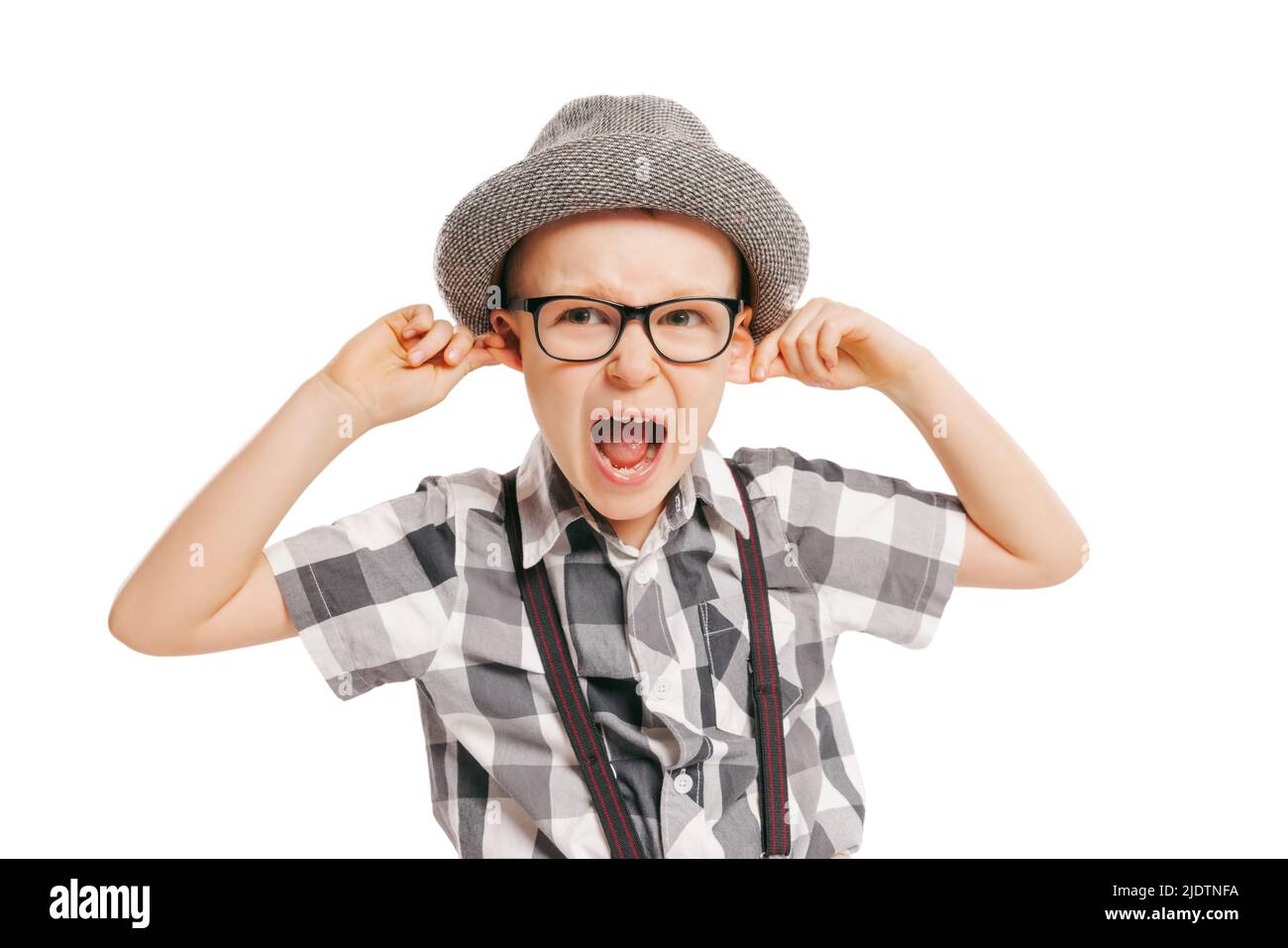 Portrait of cute little boy, happy kid in eyeglasses and hat isolated ...
