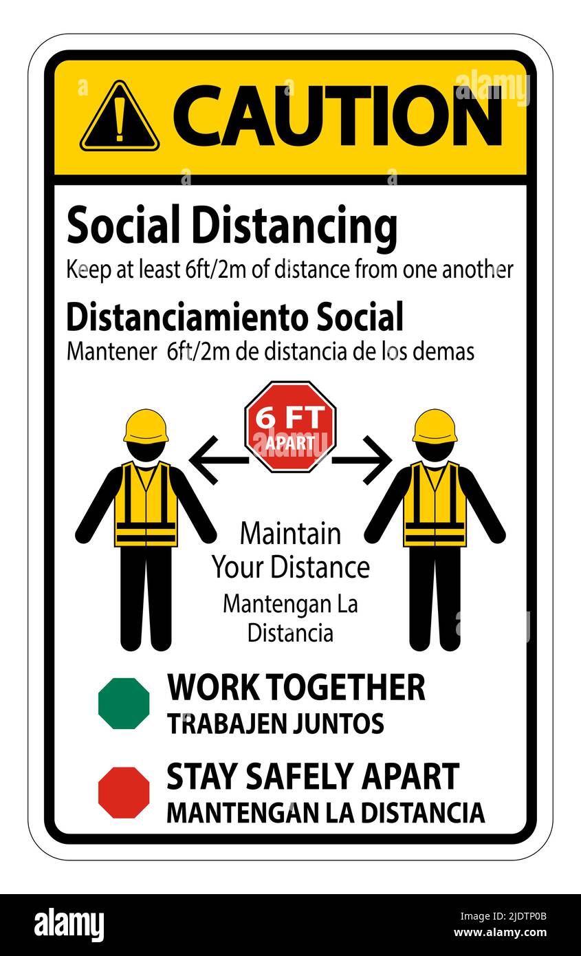 Caution Bilingual Social Distancing Construction Sign Isolate On White ...