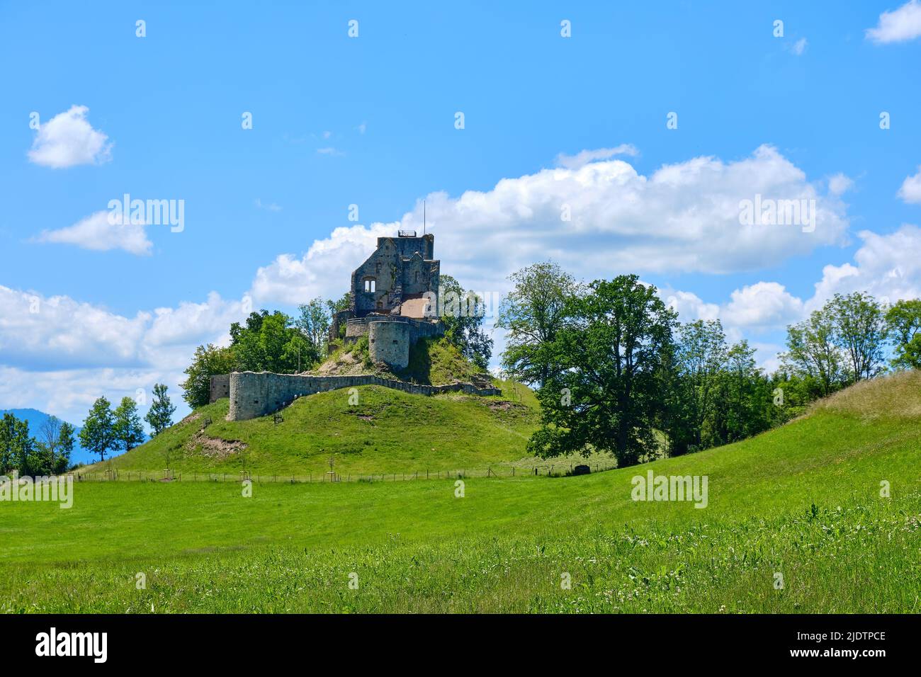 Countryside scenery and ruins of Sulzberg Castle in the Allgaeu region ...