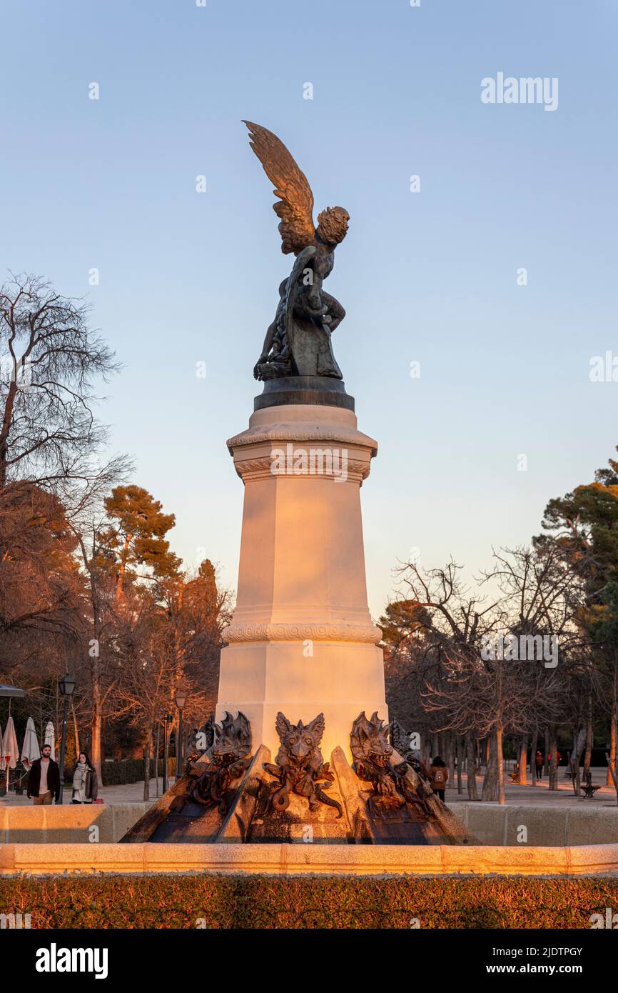 Madrid, Spain. The Fuente del Angel Caido (Monument of the Fallen Angel), a fountain located in ...