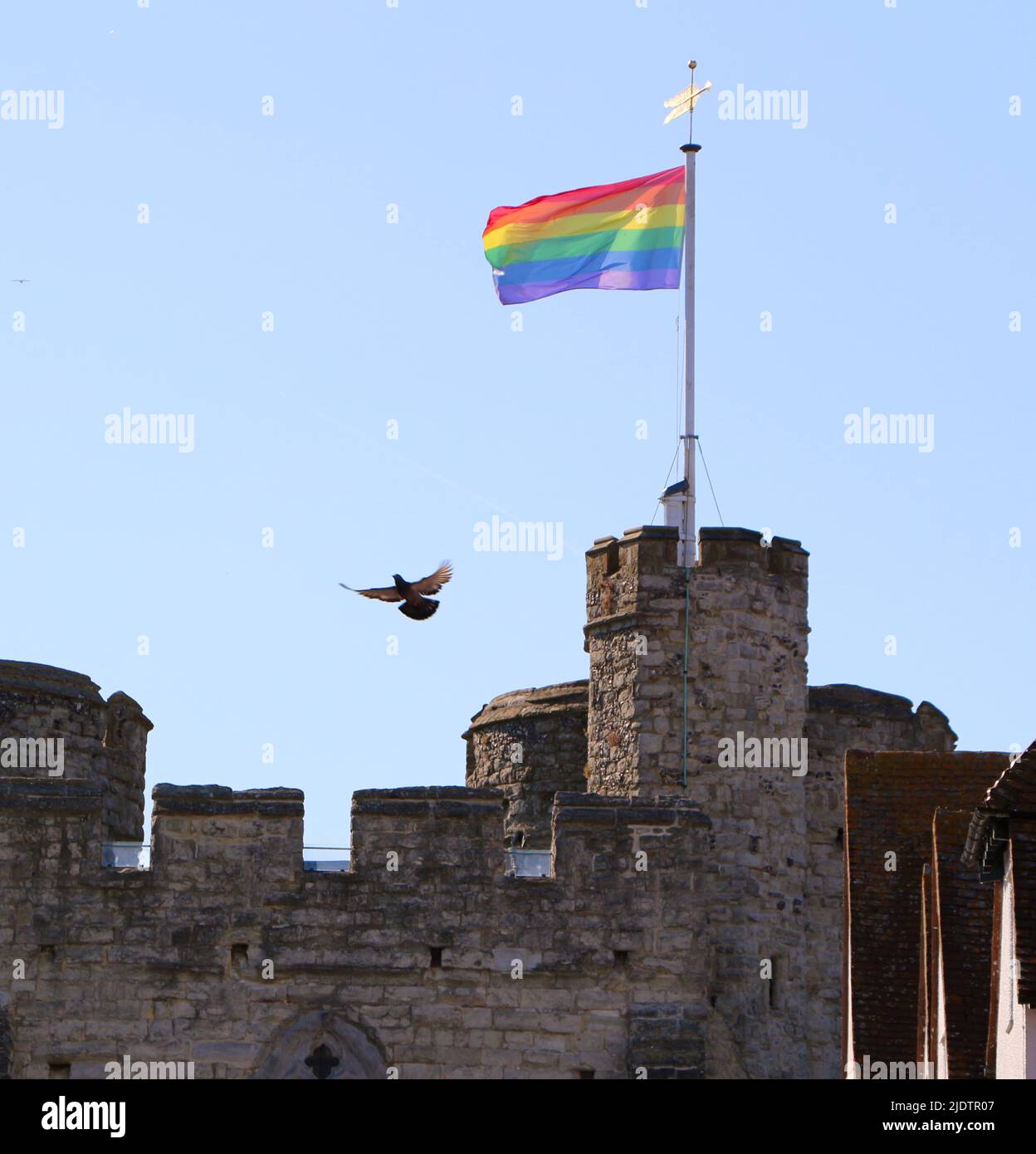 Westgate medieval gatehouse Canterbury Kent England UK with a rainbow ...