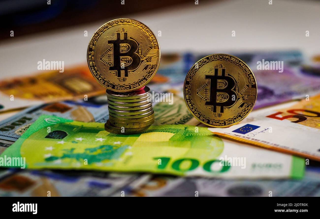 bitcoin on the background of money, cryptocurrency Stock Photo - Alamy