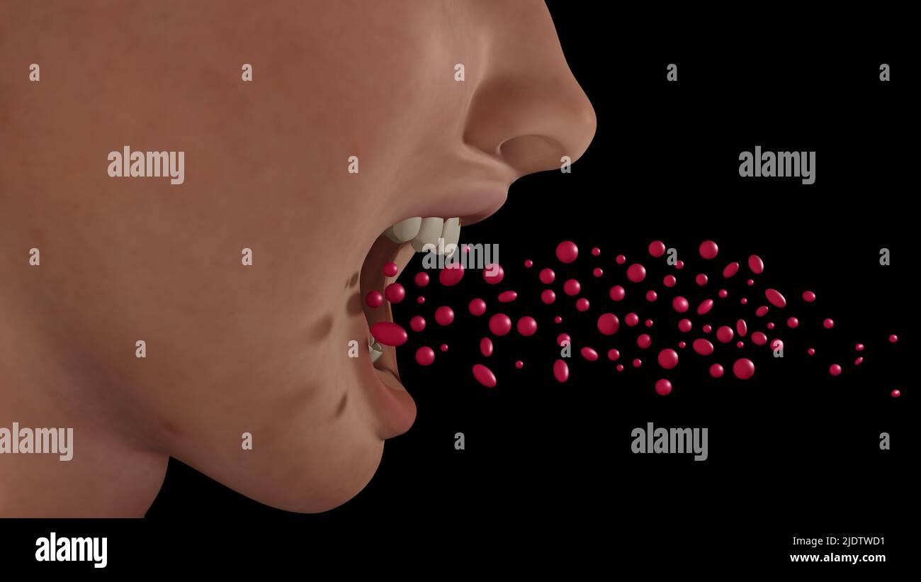 Person swallowing pills . Red blood droplets , spheres entering ...