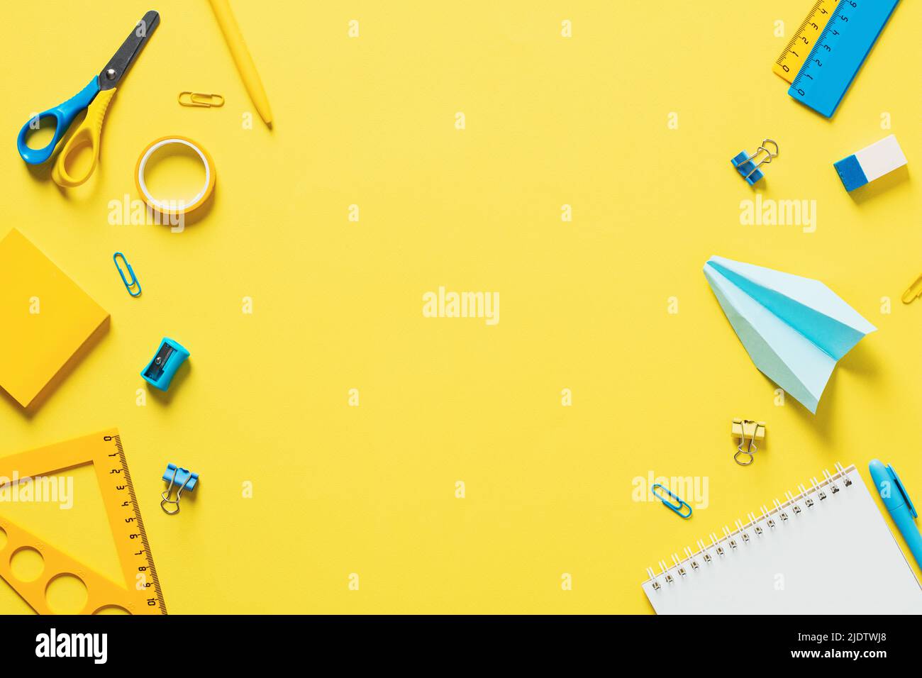 School supplies double border banner design. Top view yellow background ...