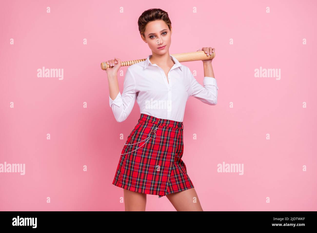 Photo of young cool charming attractive woman hold hands bat baseball ...