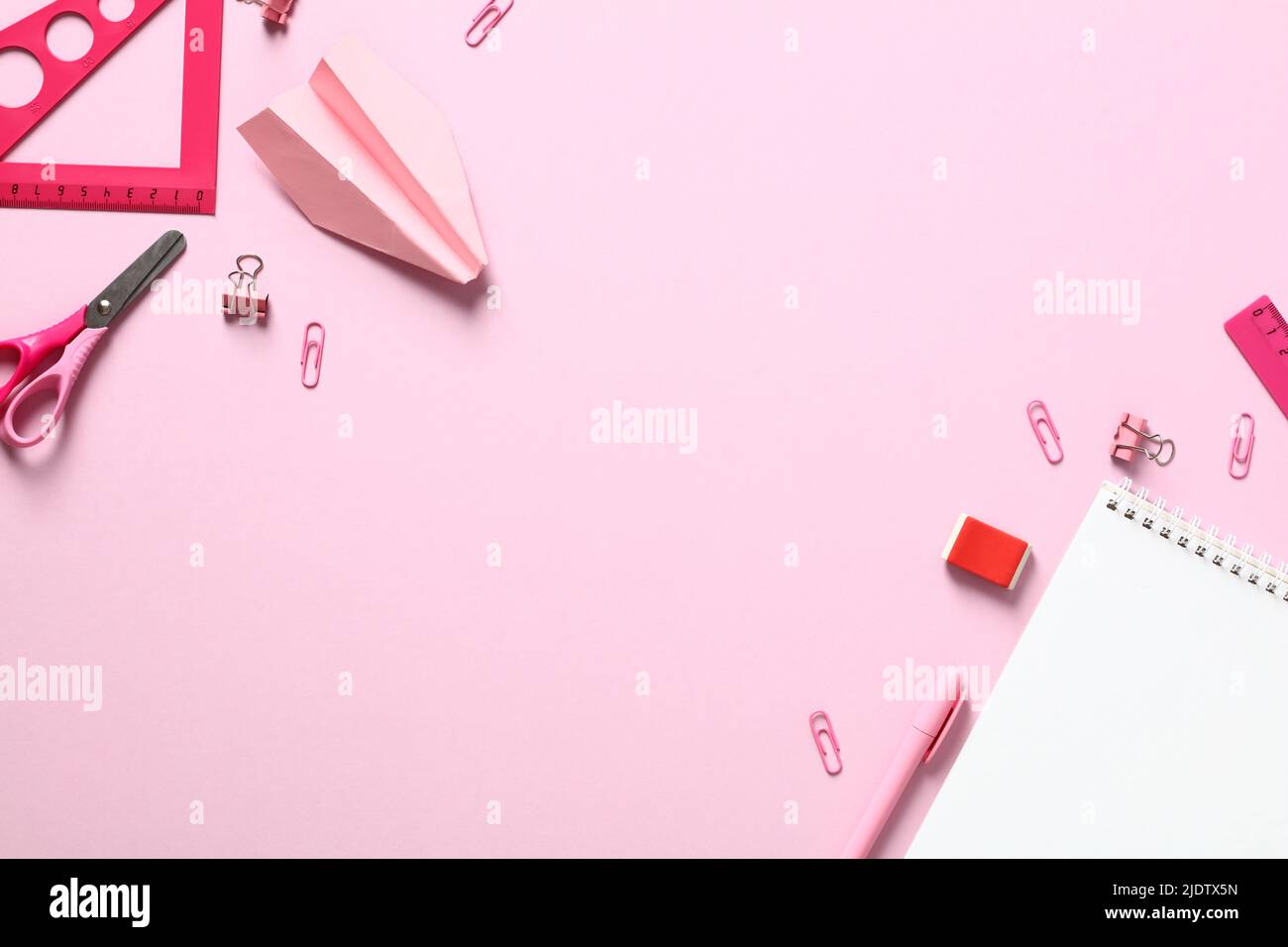 Pink school supplies on pink background. Back to school concept. Flat ...